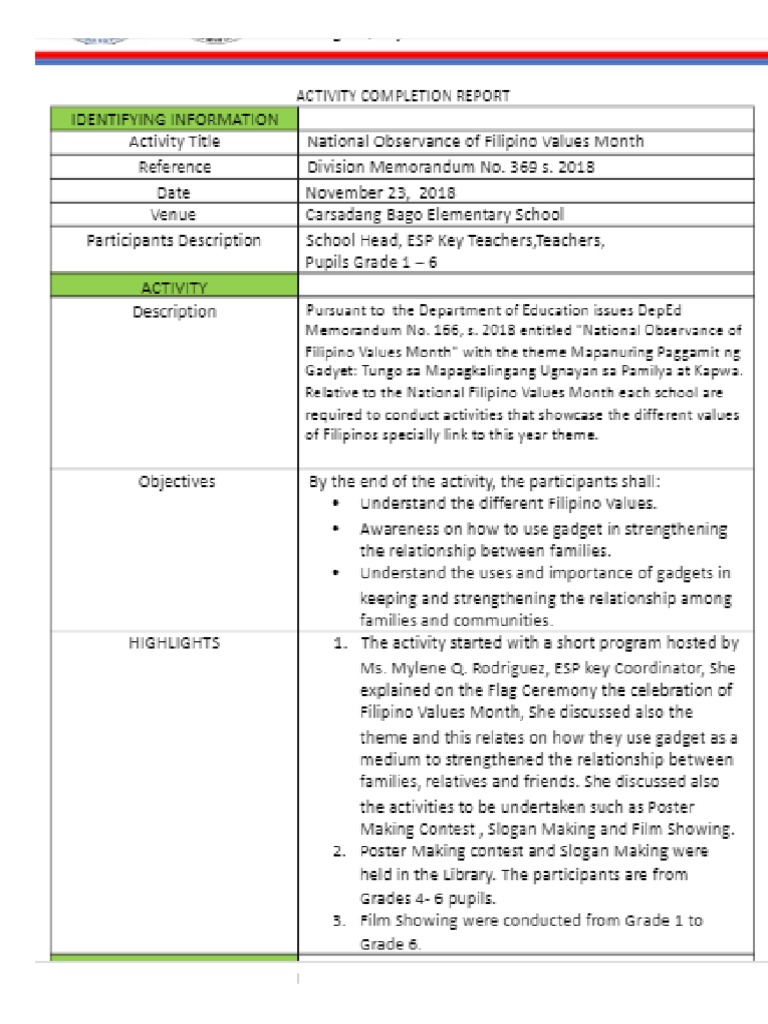 Activity Completion Report in ESP | PDF