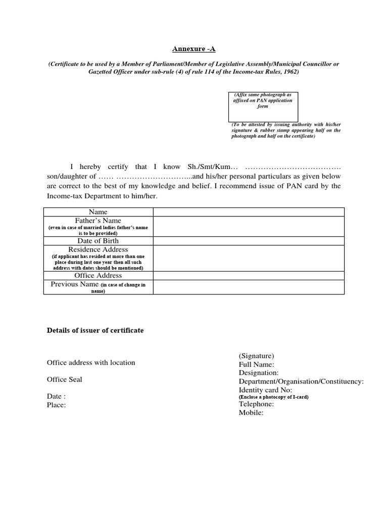 PAN Card Annexure A Certification Form | PDF