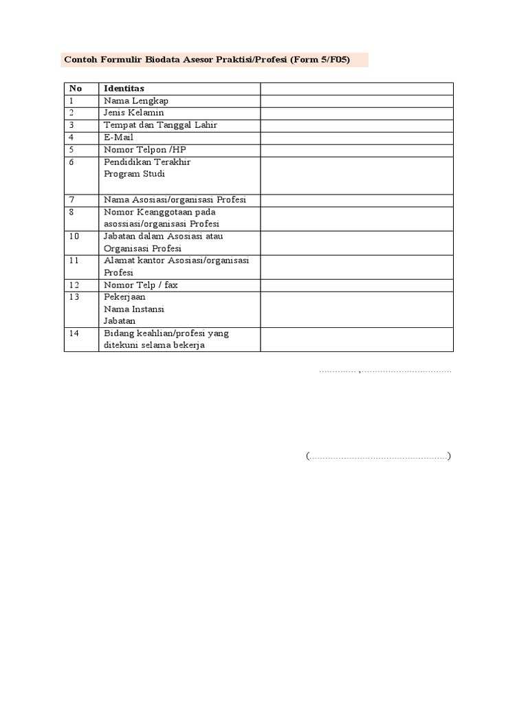Contoh Formulir Biodata Asesor Praktisi Profesi (Form 5 F05) | PDF