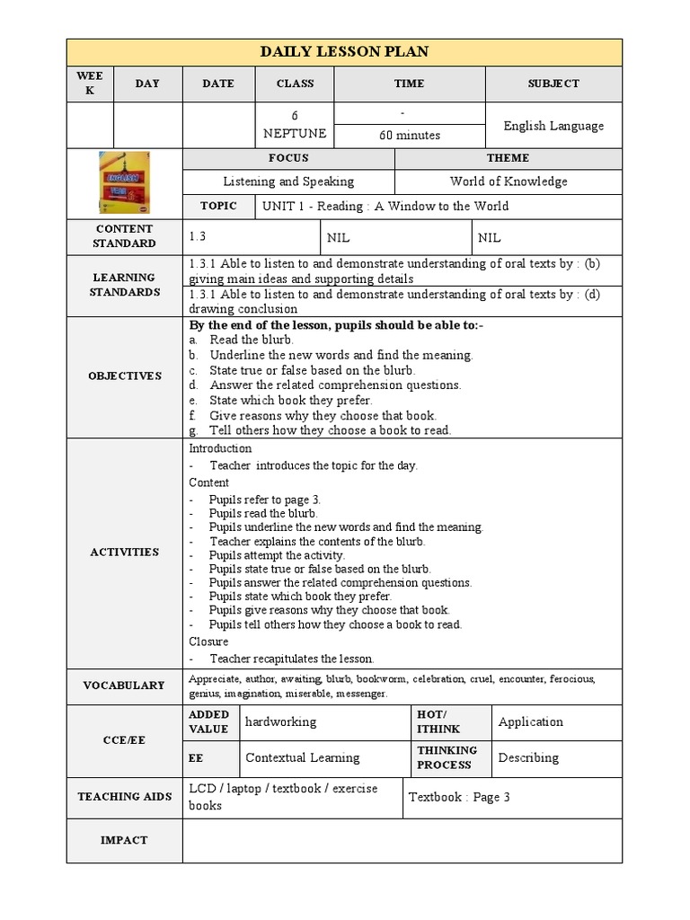 Grade 6 English Lesson Plan: Reading | PDF | Reading Comprehension ...