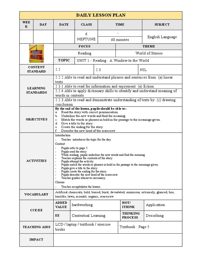 Year 6 Lesson Plan Textbook Page 5 | PDF | Lesson Plan | Learning