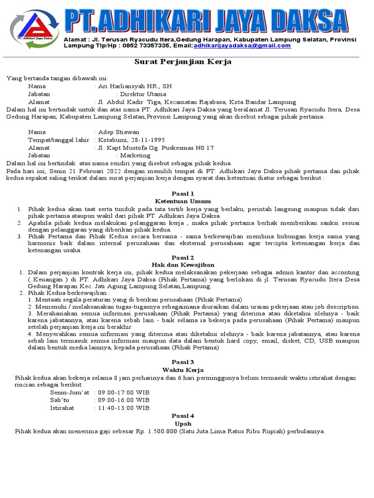 Kontrak Kerja Adep | PDF