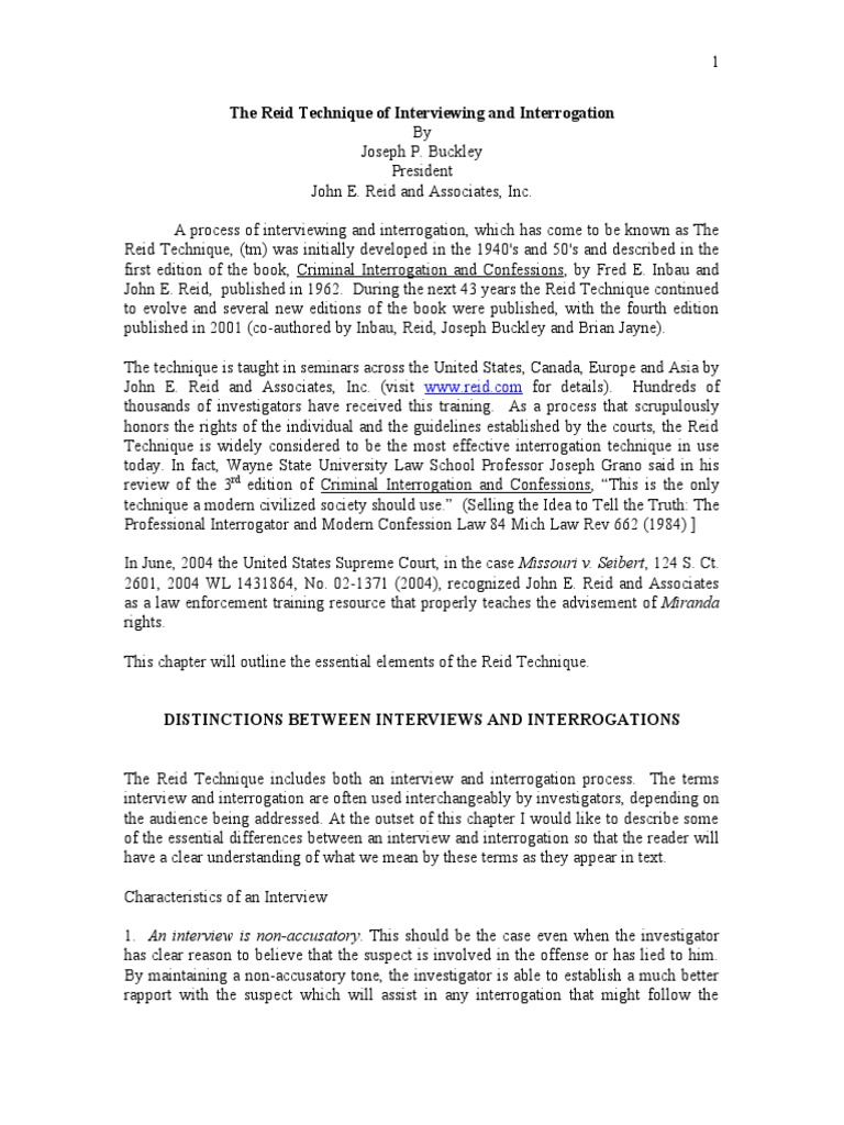 Buckley Chapter On Reid Technique | PDF | Confession (Law) | Interrogation