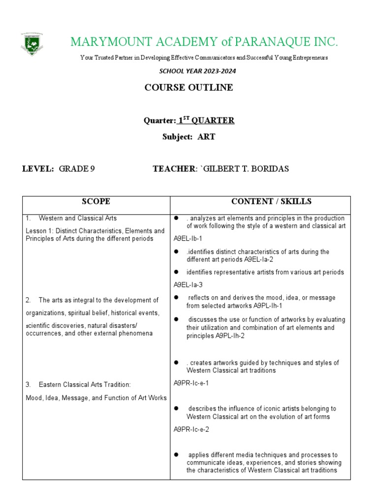 Grade 9 Art Course Outline | PDF | Communication | Cognitive Science