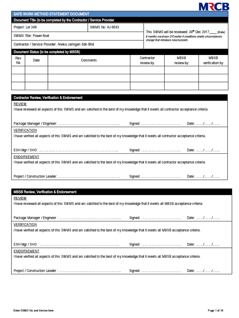 SWMS Power Float | PDF | Personal Protective Equipment | Risk