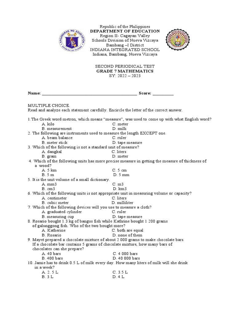 Exam Math7 Q2 | PDF | Subtraction | Mathematics