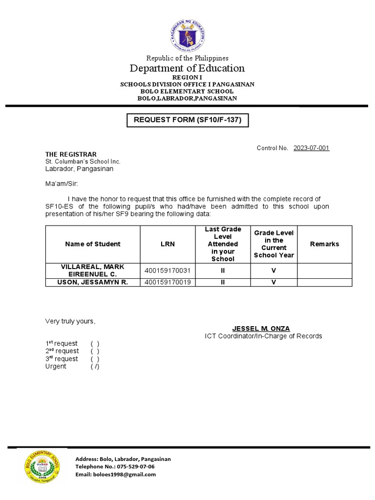 Form 137-138 Request | PDF | Government | Philippines