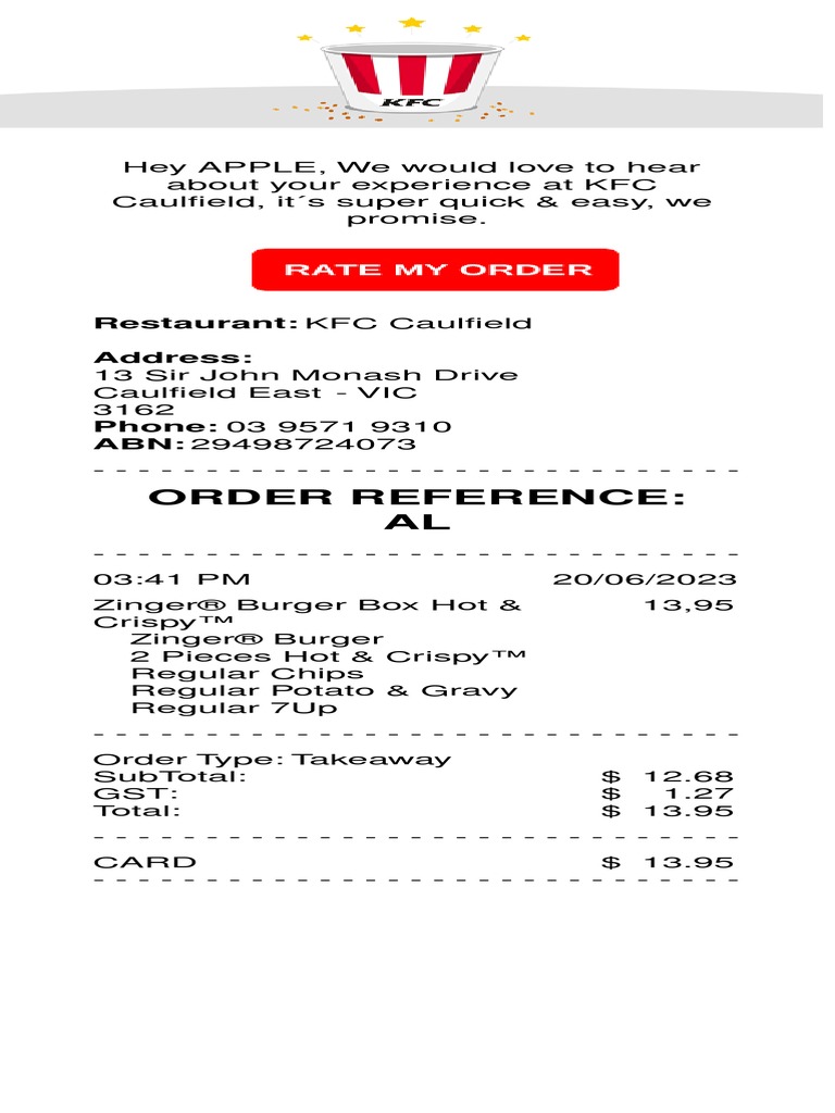 Receipt Yum Au KFC | PDF