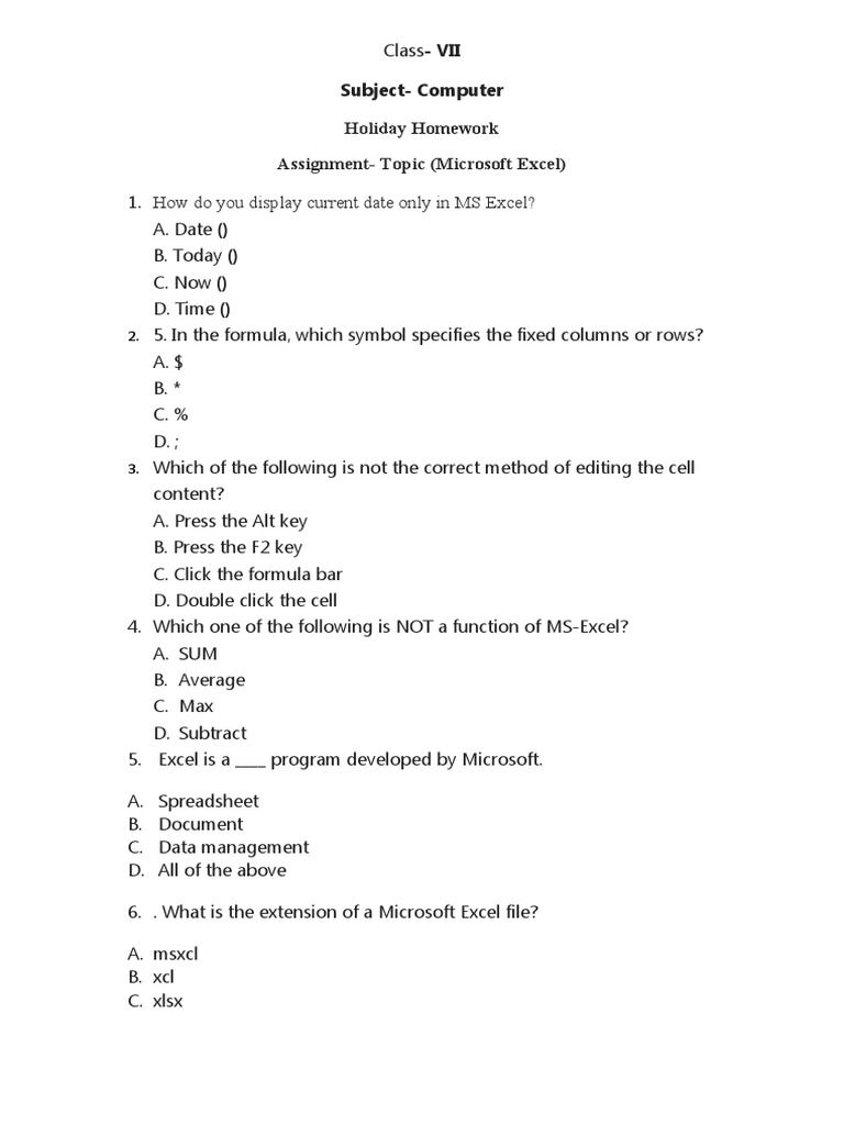 Holiday Homework Assignment | PDF | Microsoft Excel | Spreadsheet