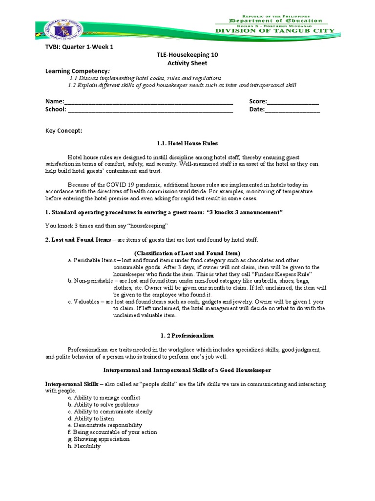 TLE 10 (Housekeeping) - Week 1 (Student's Copy) | PDF | Psychological ...