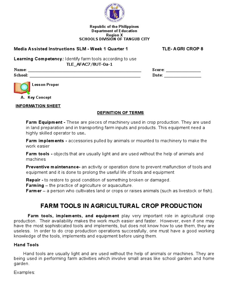 TLE 8 Agri-Crop - Week 1 | PDF | Plough | Tillage