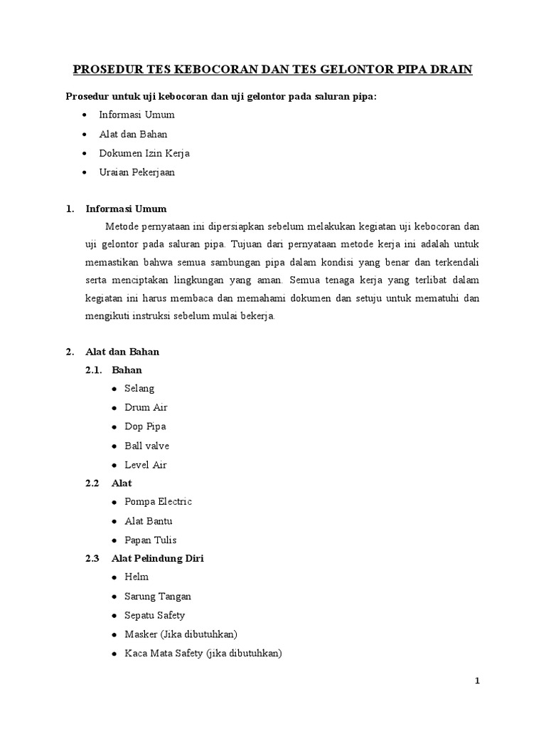 Prosedur Uji Kebocoran Dan Gelontor Pipa Drain | PDF