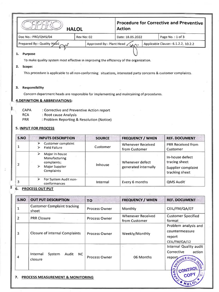 04.procedure For Corrective - Preventive Action | PDF