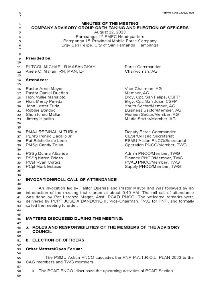 1st PMFC CAG Minutes of The Meeting Jul-Aug 2023 | PDF