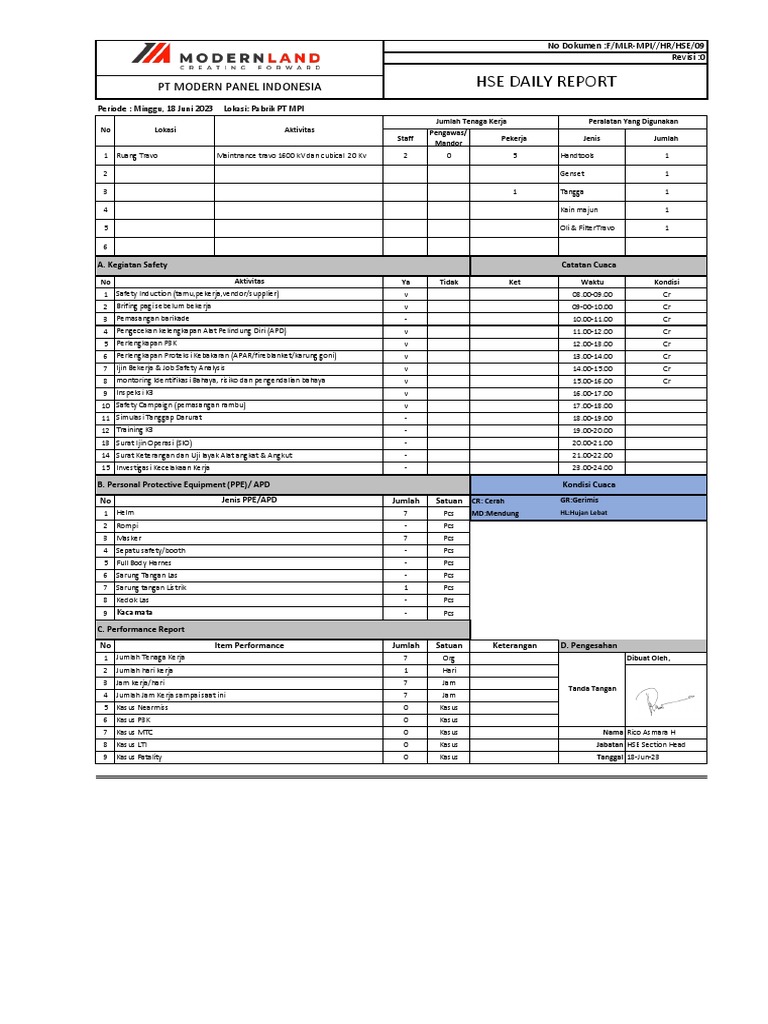Daily Report HSE - 18 Juni 2023 | PDF