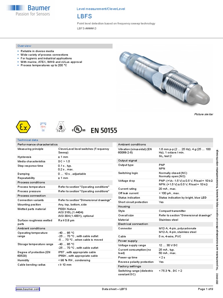 Baumer Lbfs Level Measurement Sensor | PDF | Bipolar Junction Transistor | Frequency