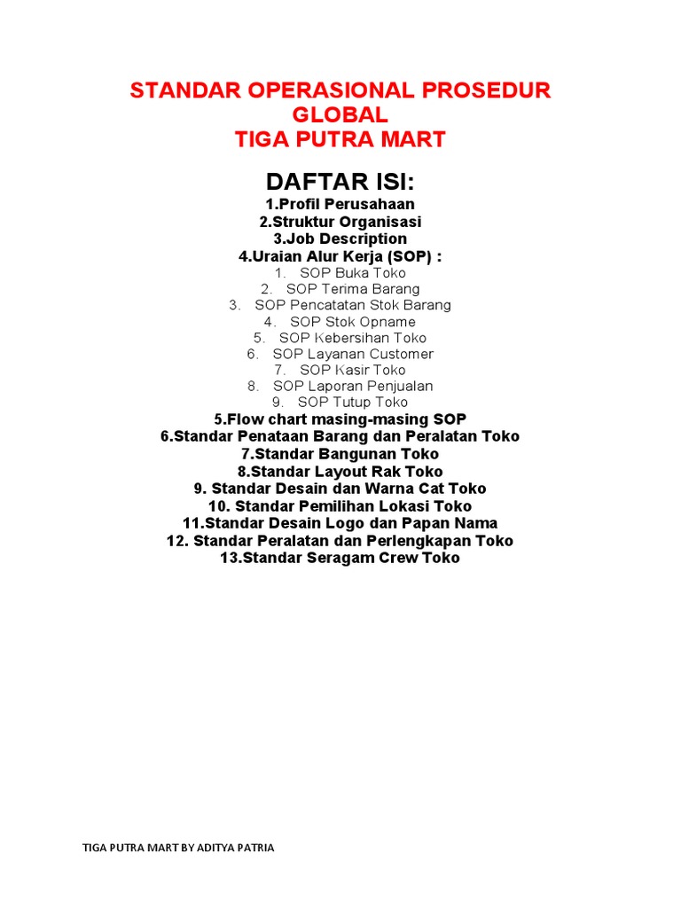 Sop Toko Tiga Putra Mart | PDF