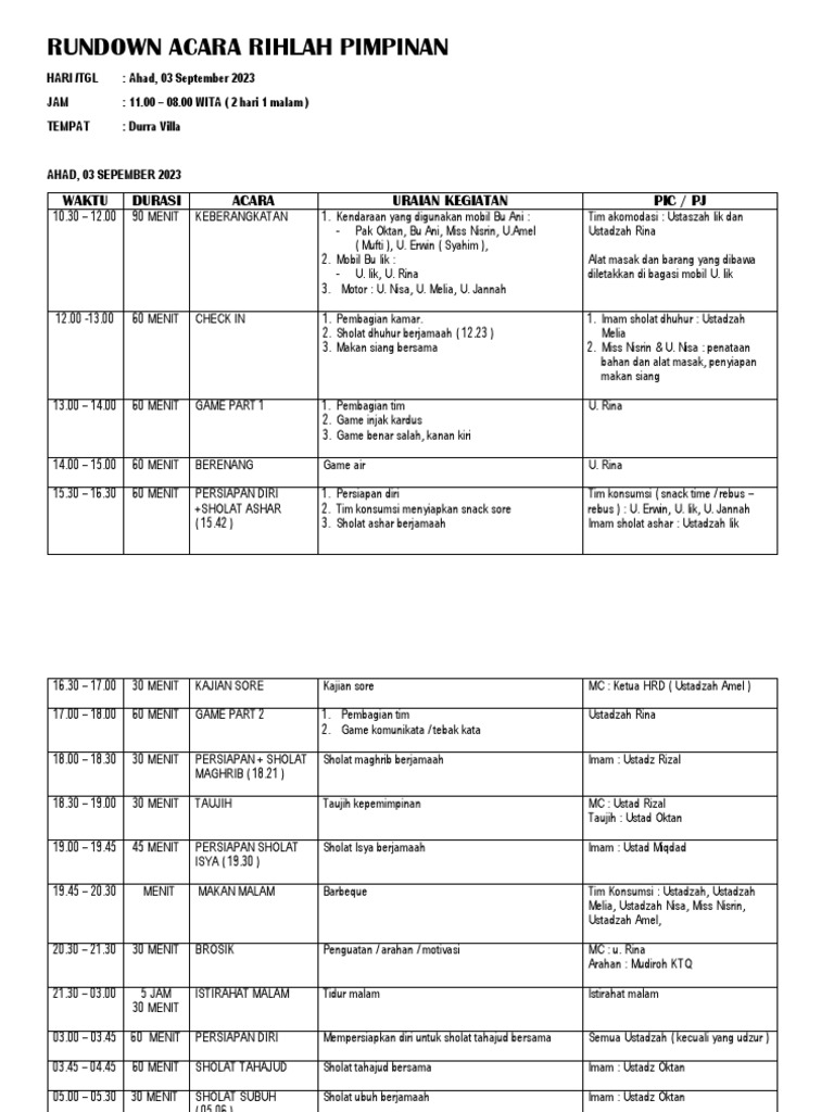Rundown Acara Rihlah Pimpinan - 03 September 2023 | PDF