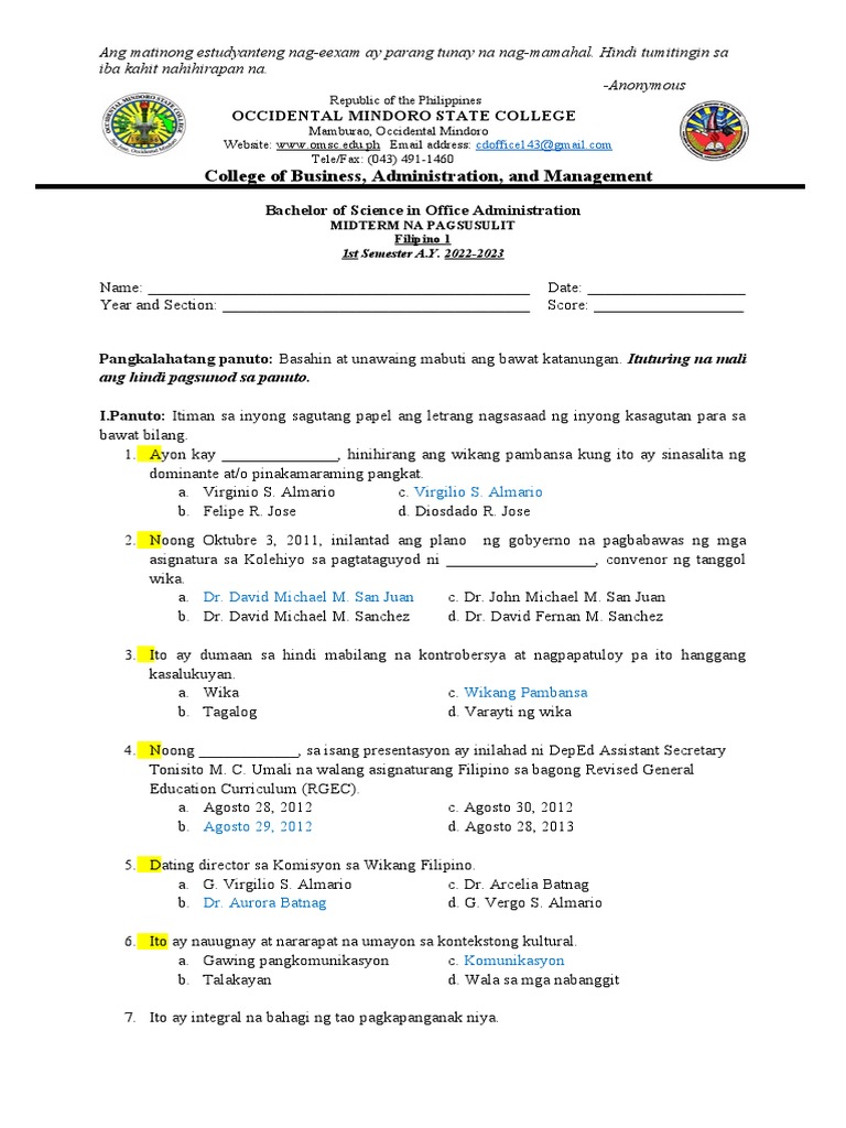 Midterm Examination FILIPINO 1 With Answer | PDF