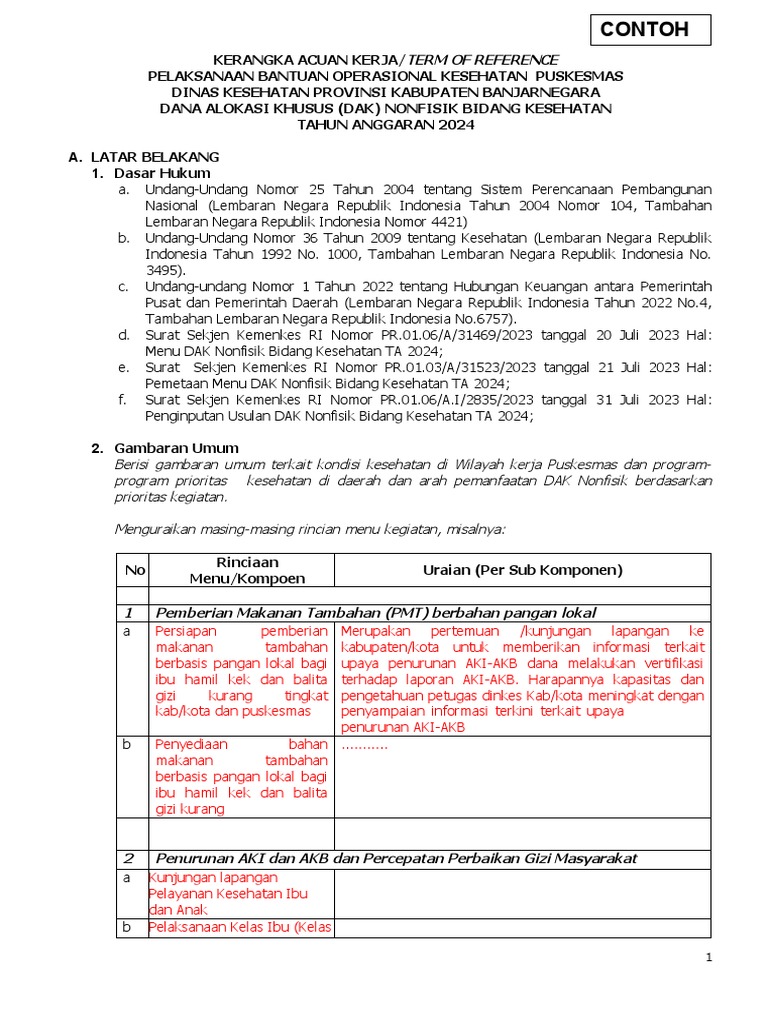 #6 Contoh Format Tor Bok Puskesmas 2024 | PDF | Kesehatan Holistik