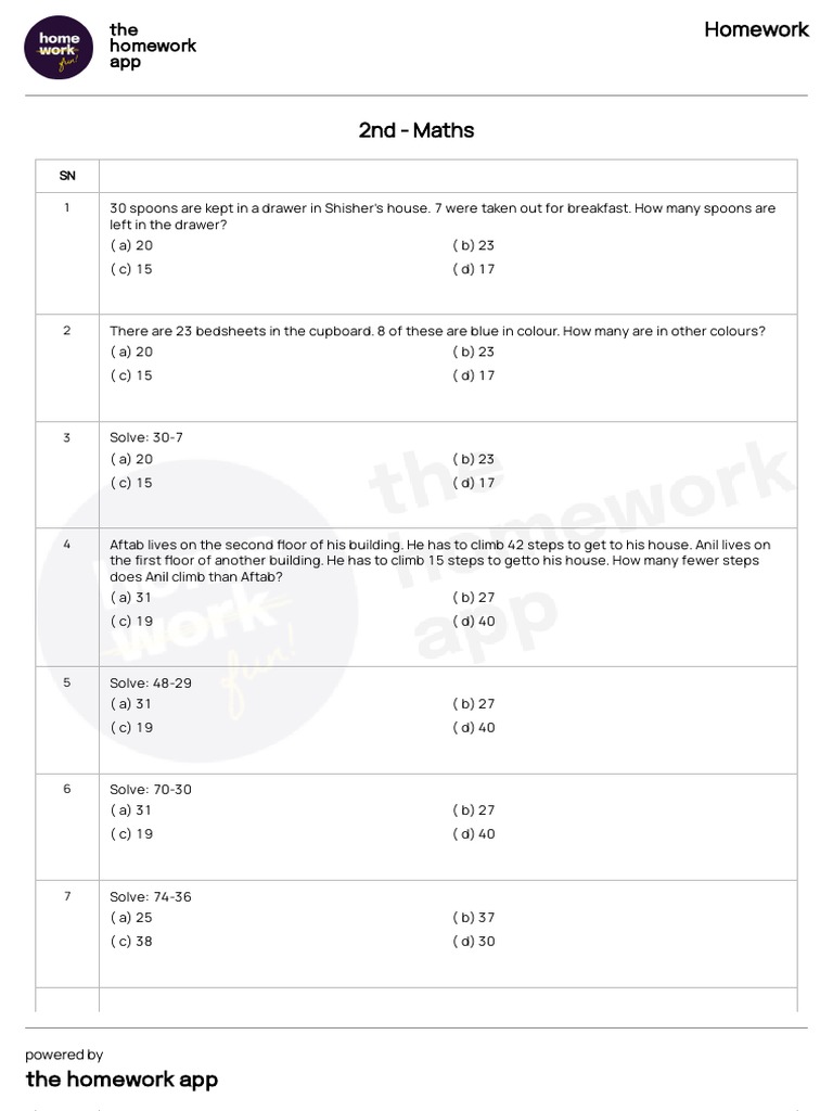 Questions - Homework - 2nd - Maths - 2023-08-30T12 - 17 | PDF