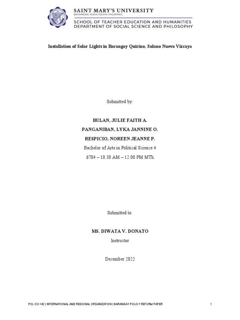 IRO BRGYPolicyReformPaper 6784 BULAN PANGANIBAN RESPICIO | PDF | Solar ...