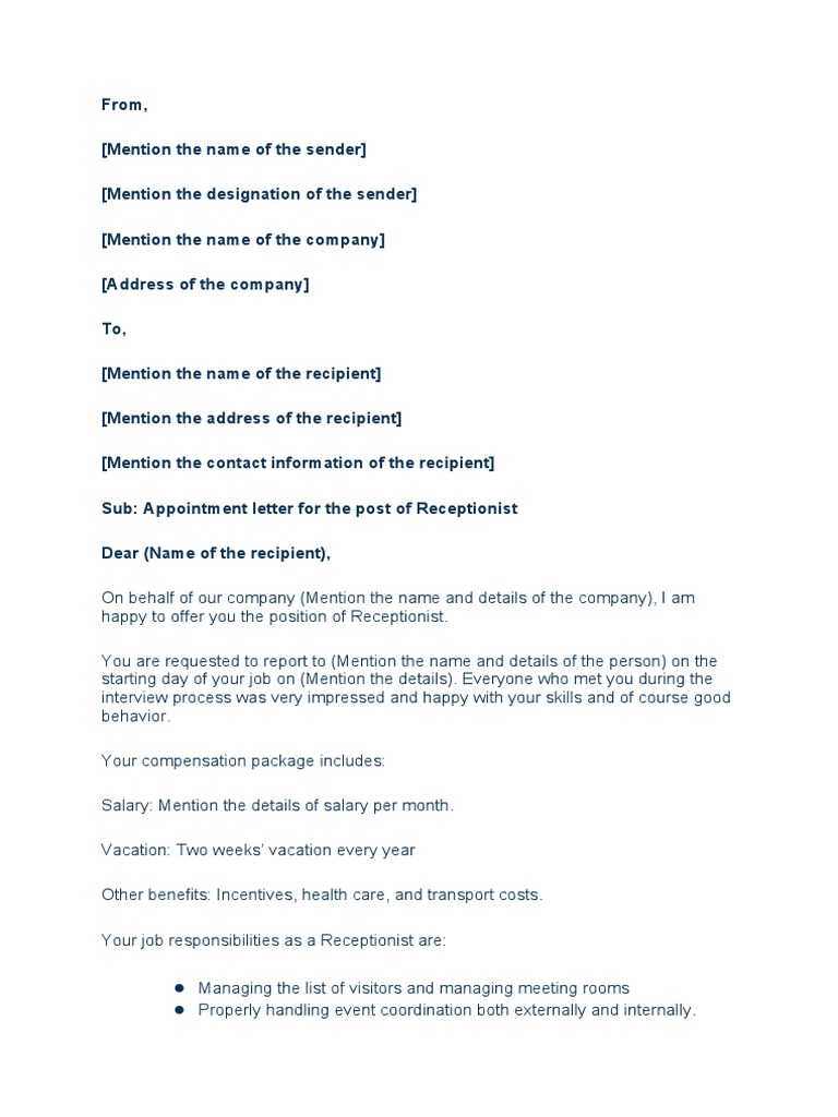 An Appointment Letter For The Post Of Receptionist Letter | PDF