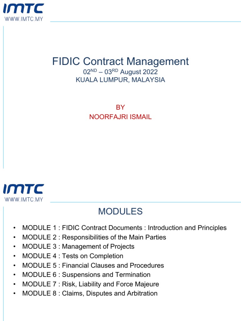 FIDIC Contract Management MTIC | PDF | Mediation | Alternative Dispute ...