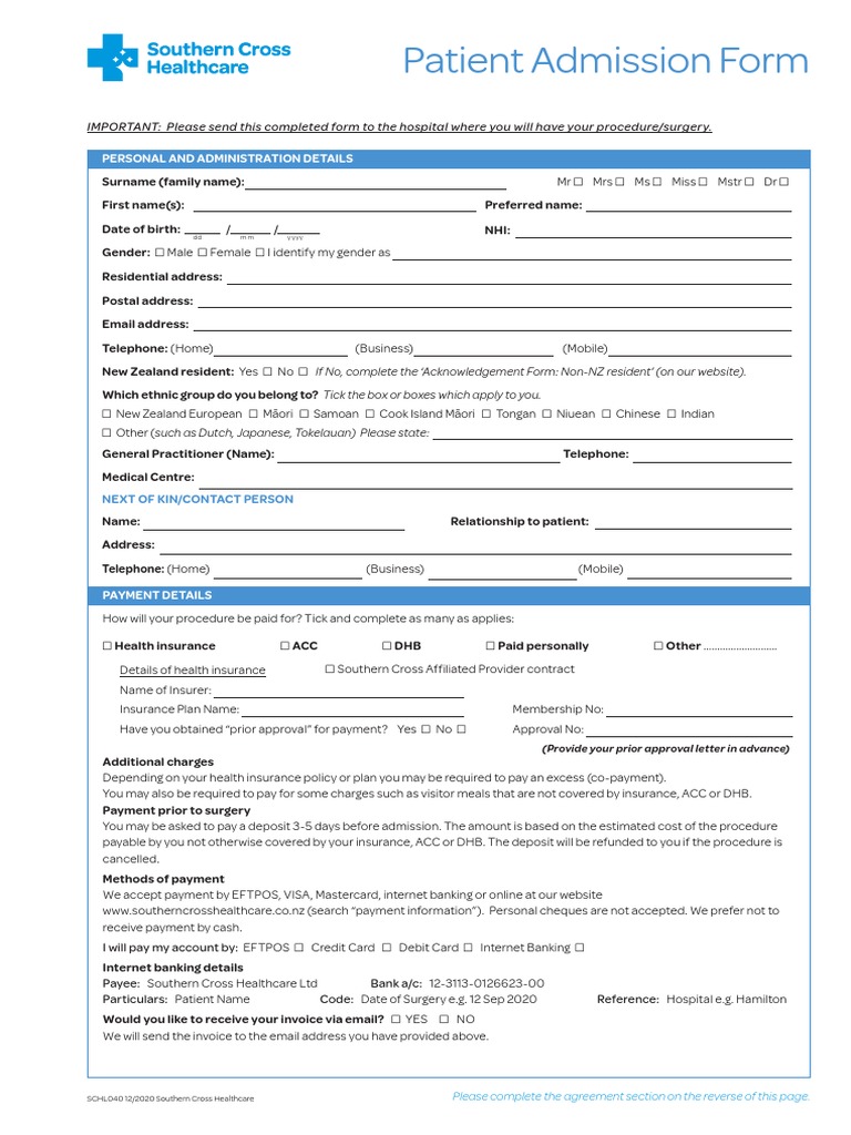 Patient Admission Form | PDF | Payments | Hospital
