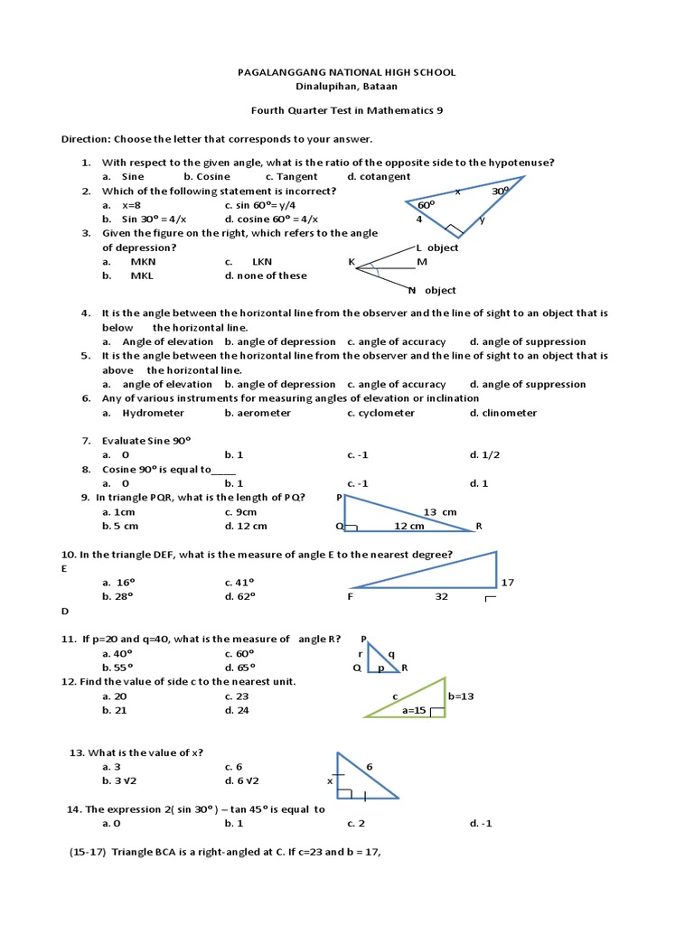 4th PT in Math 9-2022-2023 | PDF | Trigonometric Functions | Triangle