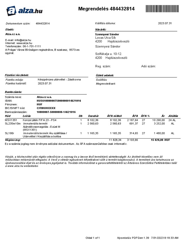 Megrendelés: Szennyesi Sándor Alza - CZ A.S | PDF