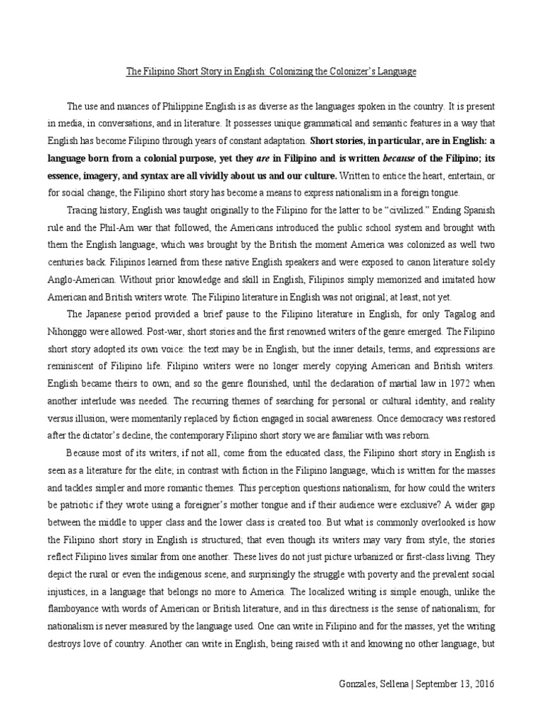 The Filipino Short Story in English | PDF | English Language | Philippines