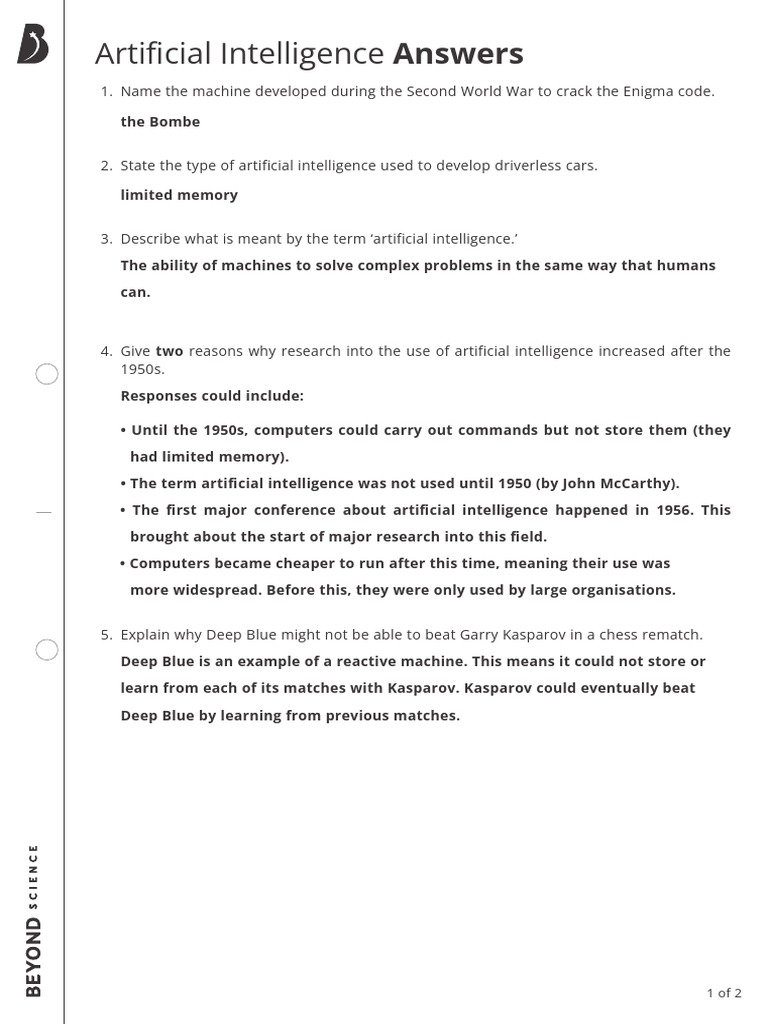 Artificial Intelligence Comprehension Answers | PDF | Artificial Intelligence | Intelligence (AI ...