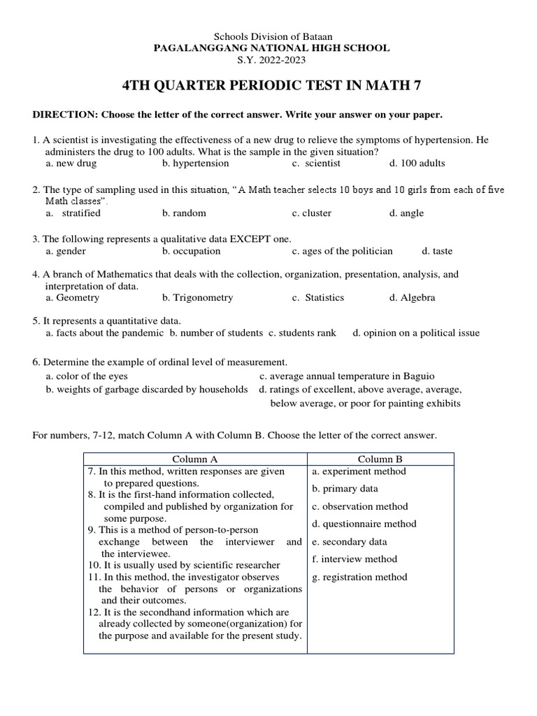 Grade 7 Q4 Summative Test Sy 2022 2023 Pdf Variance Standard
