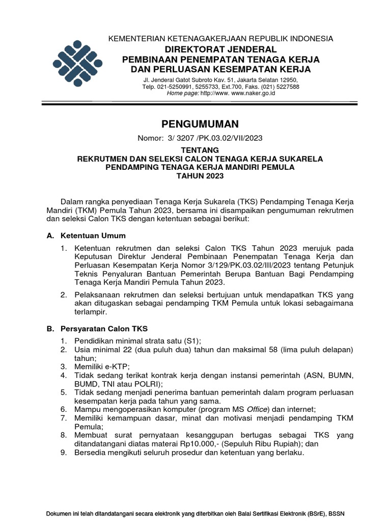 Pengumuman Rekrutmen Dan Seleksi TKS 2023 Upload Sign 2932 Sign 7792 | PDF