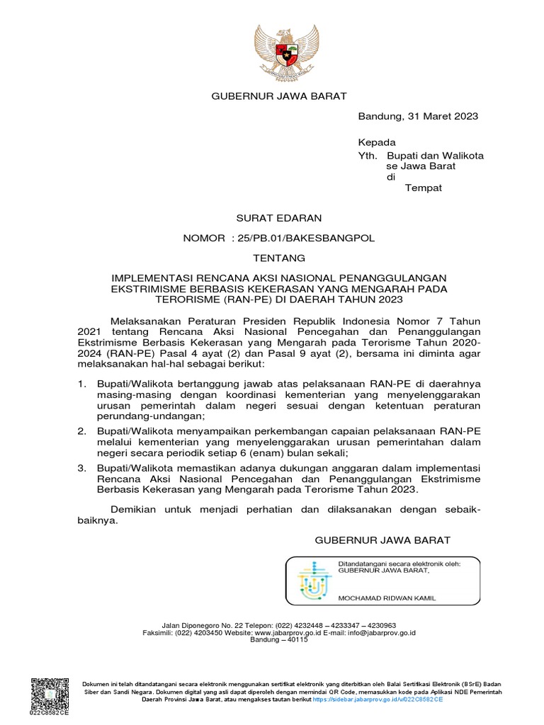 Surat Edaran Gubernur Jabar 2022 Tentang RAN PE 31032023 085633 Signed | PDF