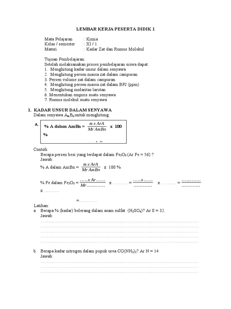 LKPD 1 Kadar Zat Dan Rumus Empiris | PDF