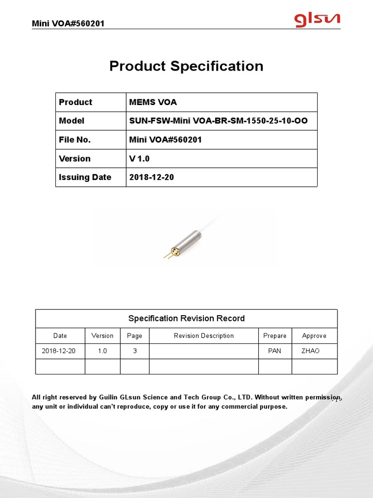 Mini Mems Voa Variable Optical Attenuator Dat Sheet 560201 | PDF | Decibel | Optical Fiber