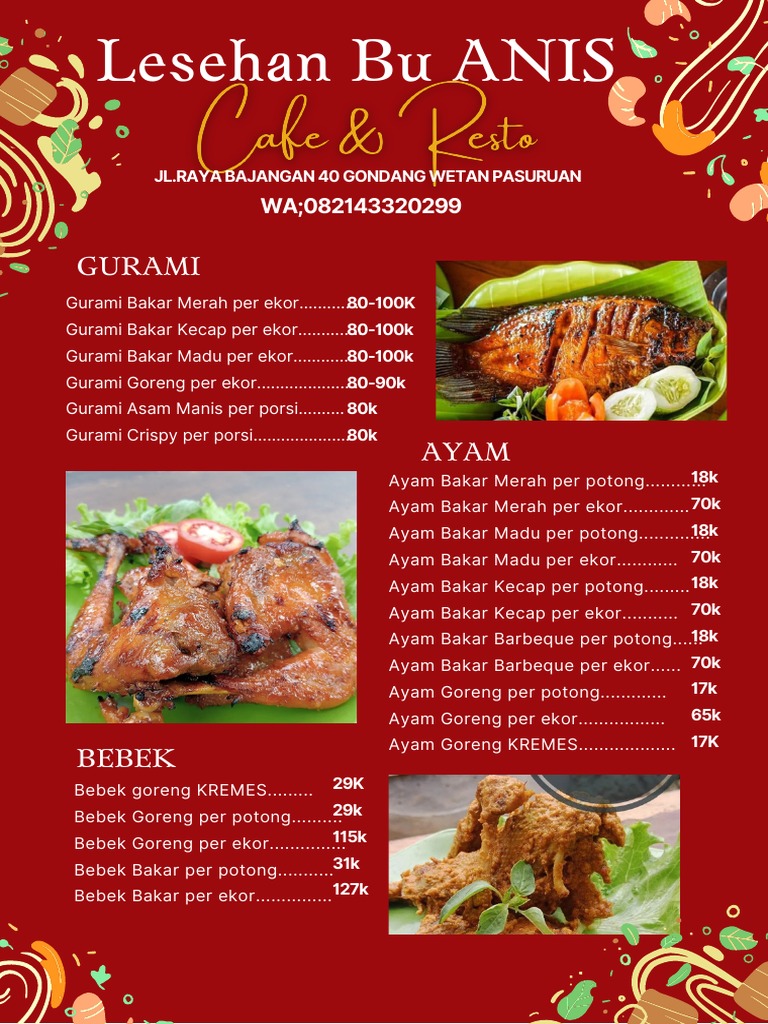 Menu Lesehan Bu Anis Pasuruan | PDF | Memasak, Makanan, & Anggur