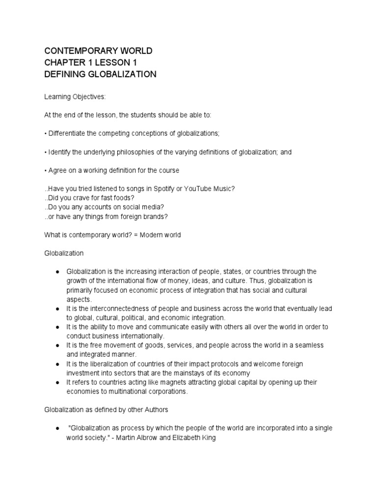 Contemporary World Chapter 1. Defining Globalization | PDF ...