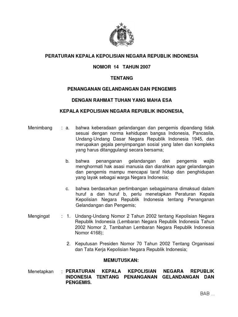 Perkap Nomor 14 Tahun 2007 TTG Penanganan Gelandangan Dan Pengemis | PDF