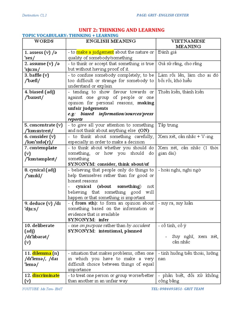 Giải Thích Nghĩa Sách Destination C1&2 (Unit 2) | PDF | Cognition | Epistemology