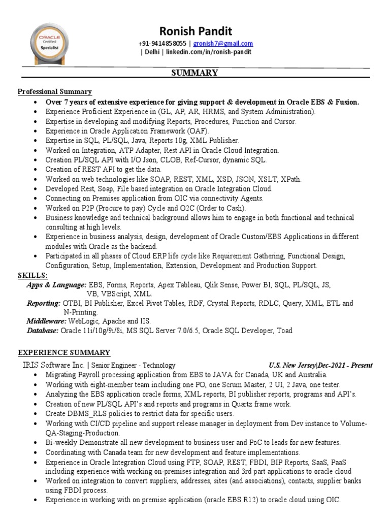 Ronish Resume | PDF | Accounts Payable | Oracle Corporation