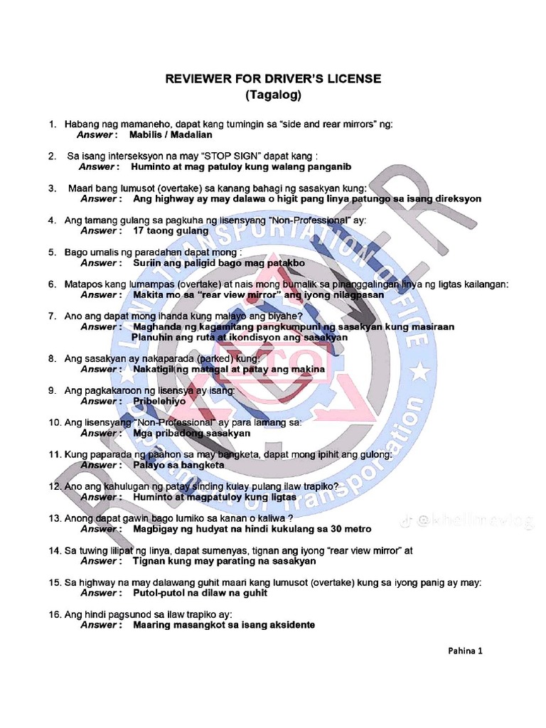 LTO Exam For License | PDF