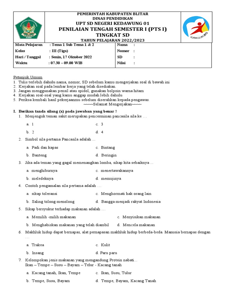 PTS KELAS 3 (Tema 1 Sub Tema 1 Dan 2) | PDF