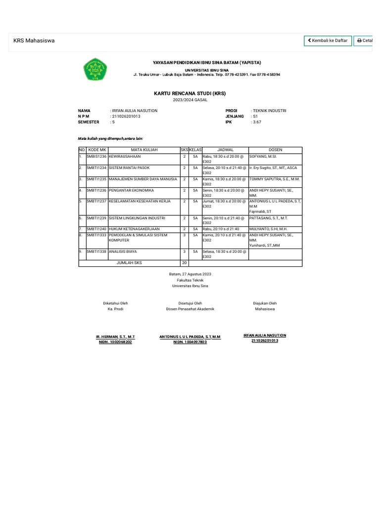 KRS Mahasiswa Semester 5 | PDF