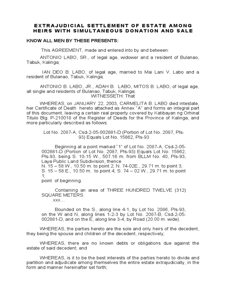 Extrajudicial Settlement of Estate With Simultaneous Donation | PDF ...