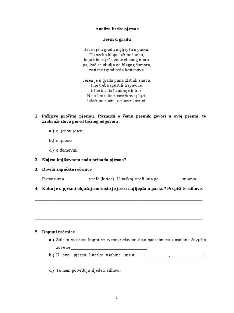 Analiza Lirske Pjesme, Vježba | PDF