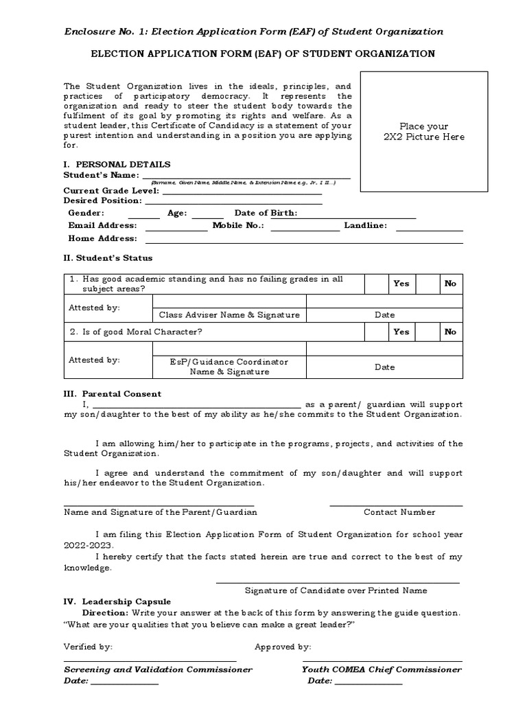 Election Application Form (Eaf) of Student Organization | PDF