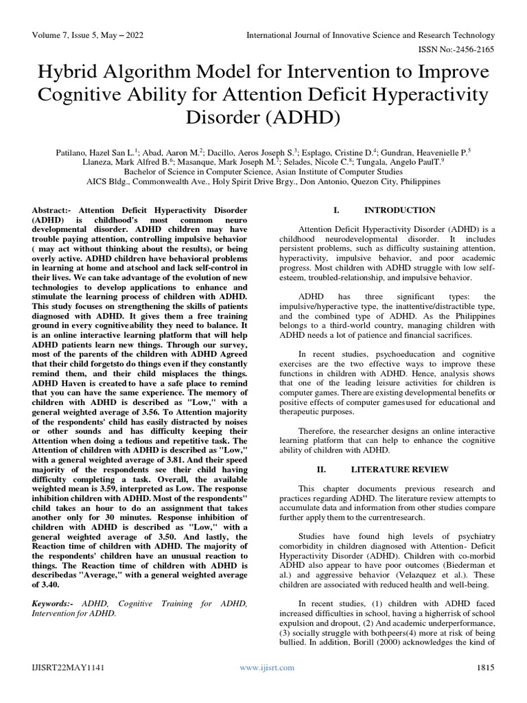 Hybrid Algorithm Model For Intervention To Improve Cognitive Ability For Attention Deficit ...
